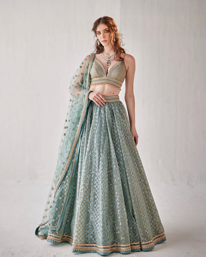 Konya blue organza lehenga with sequin embroidery | Cedar & Pine