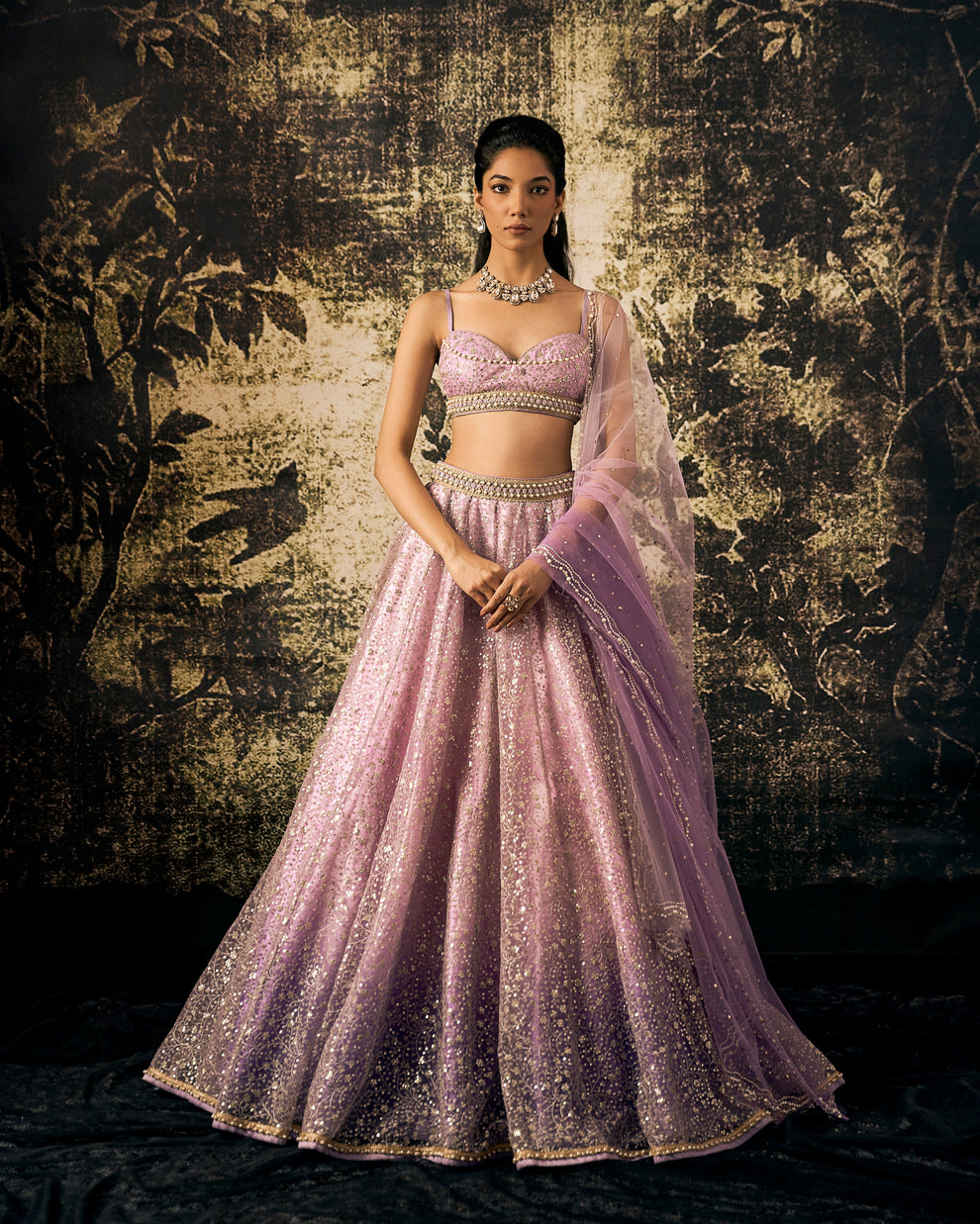 Lilac sequin embroidered tulle lehenga | Cedar & Pine