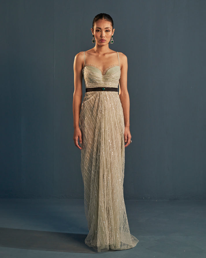 Draped column embroidered tulle gown | Cedar & Pine