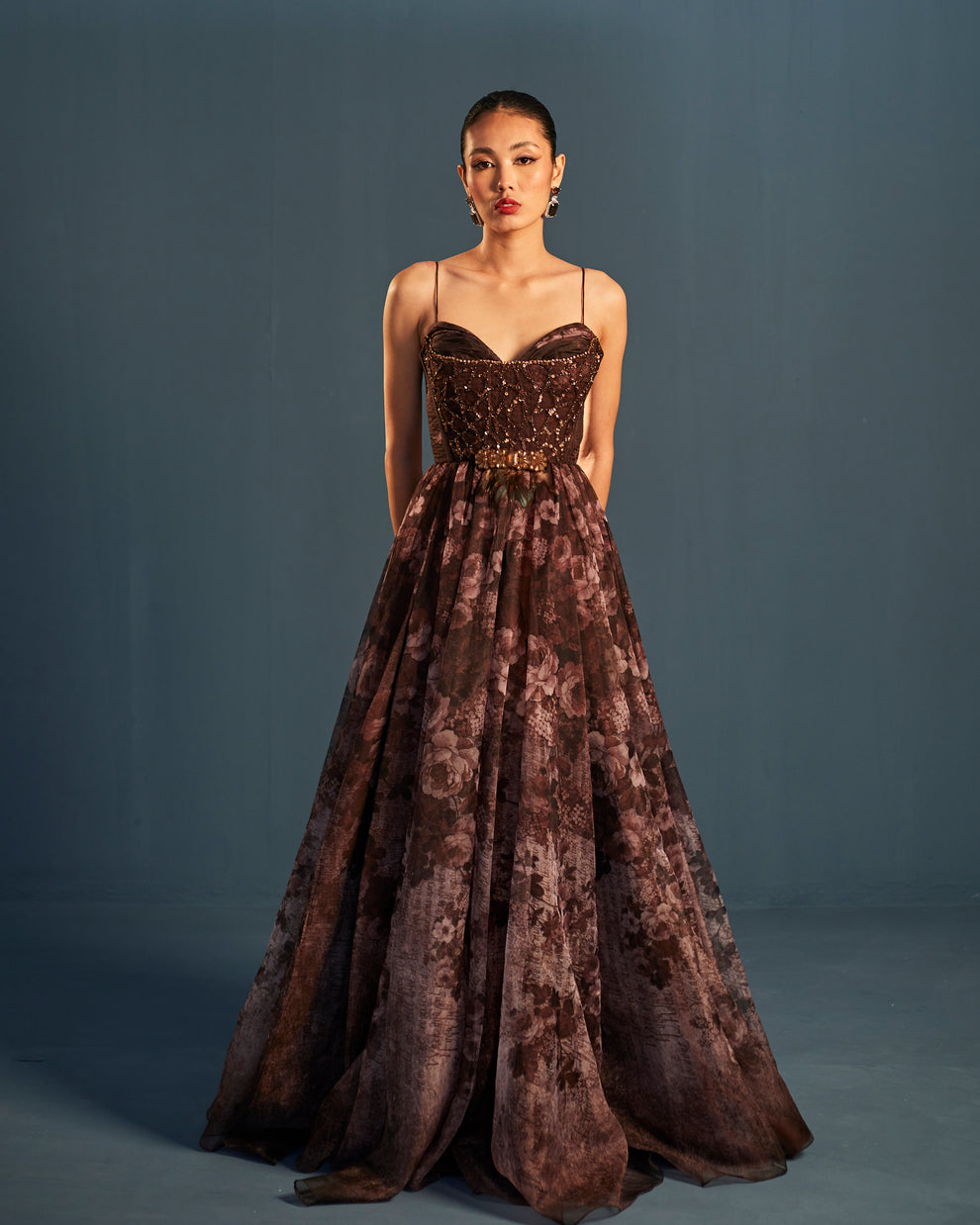 Floral print organza gown with embroidered bodice | Cedar & Pine