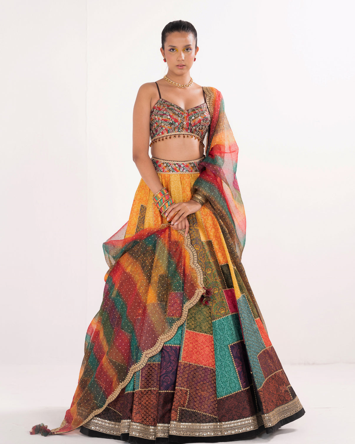 Multicolour brocade collage lehenga set | Cedar & Pine